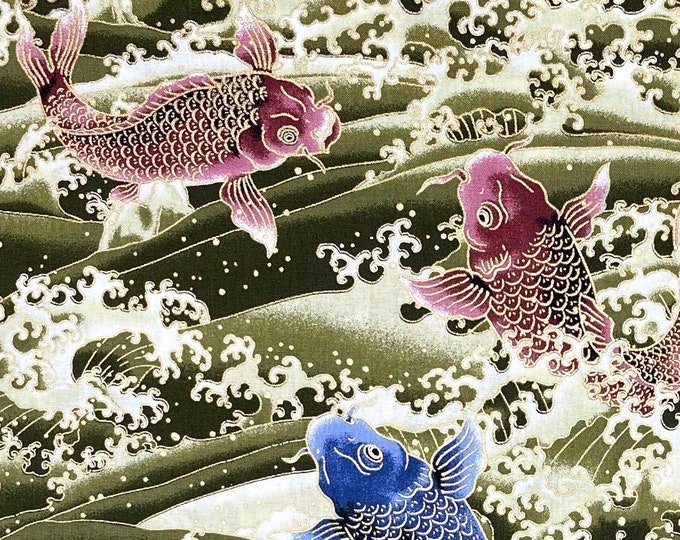 Japanese Fabric -- Purple and Blue Koi Fish in Crashing Waves With ...