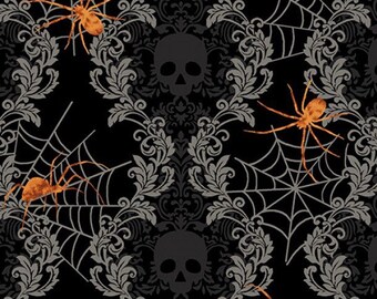 Halloween Fabric Small Damask Pattern With Skulls on Black - Etsy
