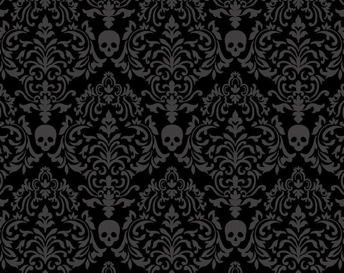 Halloween Fabric -- Small Damask Pattern With Skulls on Black -- 100% ...