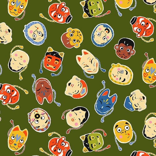 Japanese Fabric Traditional Japanese Masks on Green 100% - Etsy