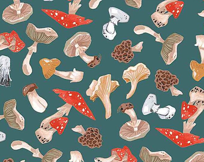Mushroom Fabric Medley of Mushrooms Tossed on Teal 100% - Etsy