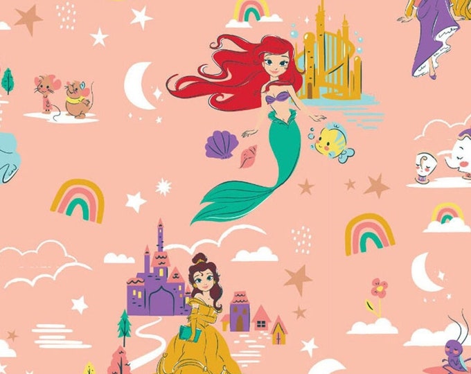 Disney Princess Fabric Disney Princesses Repeated on Coral Pink 100% ...