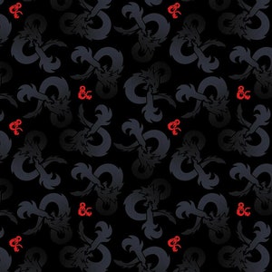 Dungeons & Dragons Fabric Dark Gray and Red Dnd Logos Repeated on Black ...