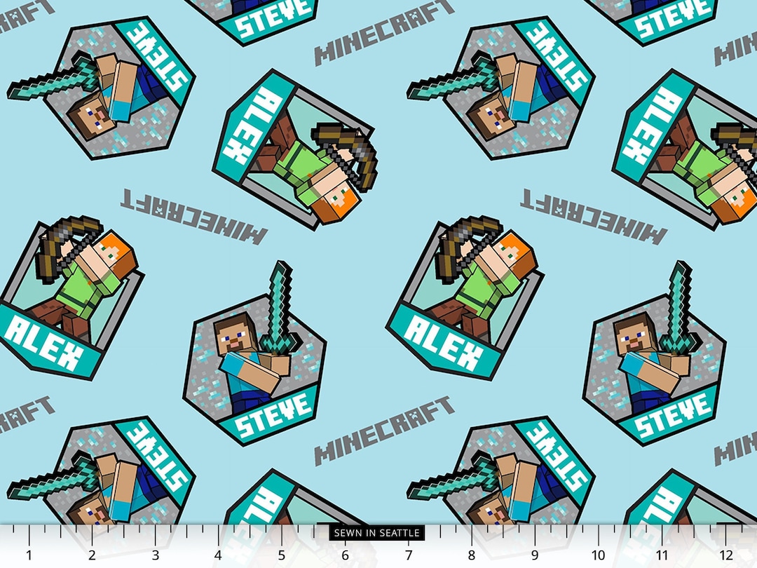 MINECRAFT Fabric Minecraft's Steve and Alex Scattered on Light Blue 100 ...