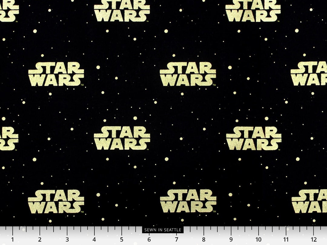 STAR WARS Fabric Metallic Gold Star Wars Logos Repeated on Black 100% ...