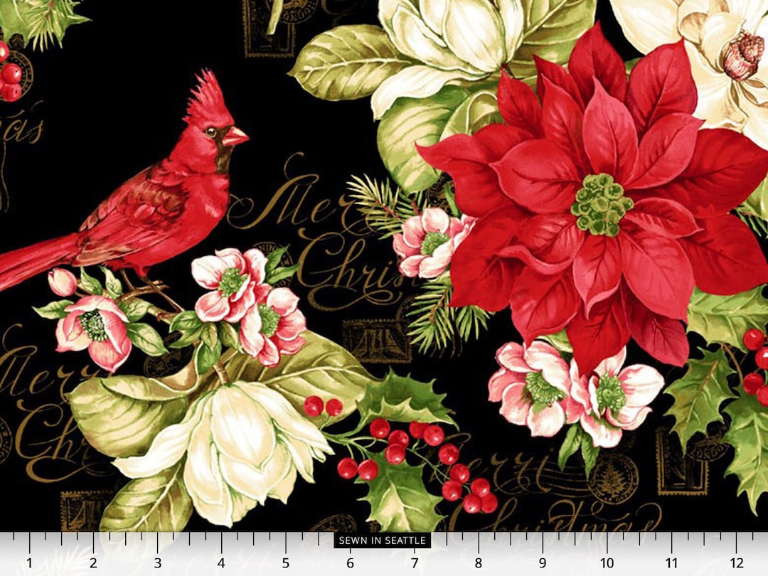 Christmas Fabric Large Red Cardinals With Poinsettia and Holly ...