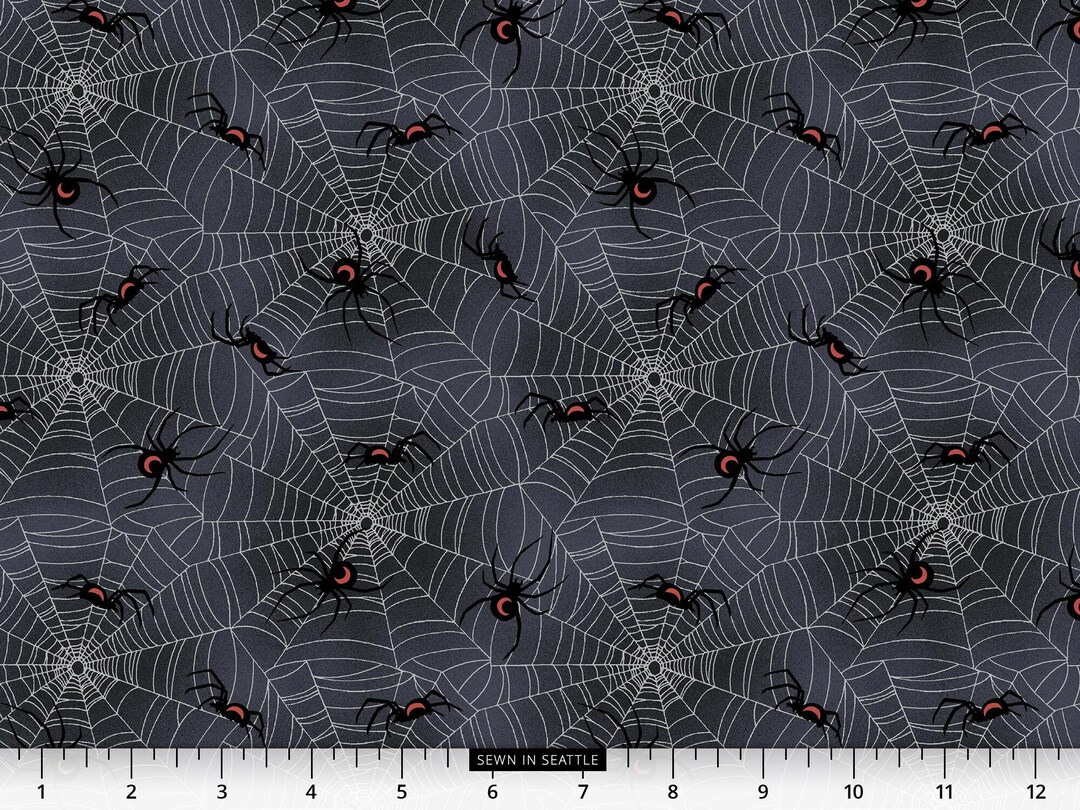 Halloween Fabric Black Widow Spiders With Red Cresent Moons and Webs on ...