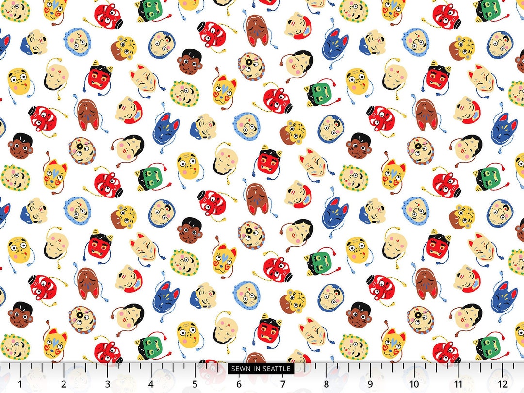 Japanese Fabric -- Traditional Japanese Masks on White -- 100% Cotton ...