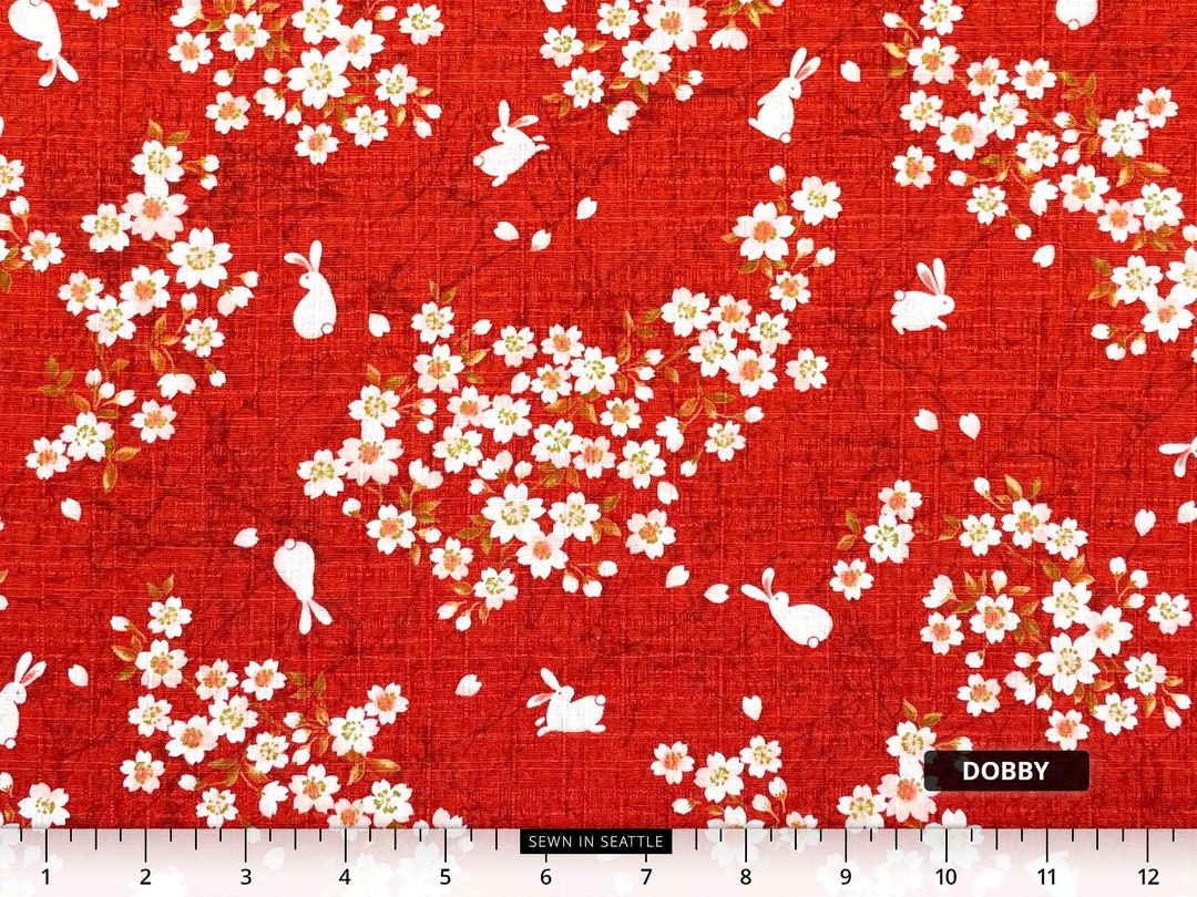 Japanese DOBBY Fabric -- Rabbits Hopping Through Cherry Blossoms on Red ...