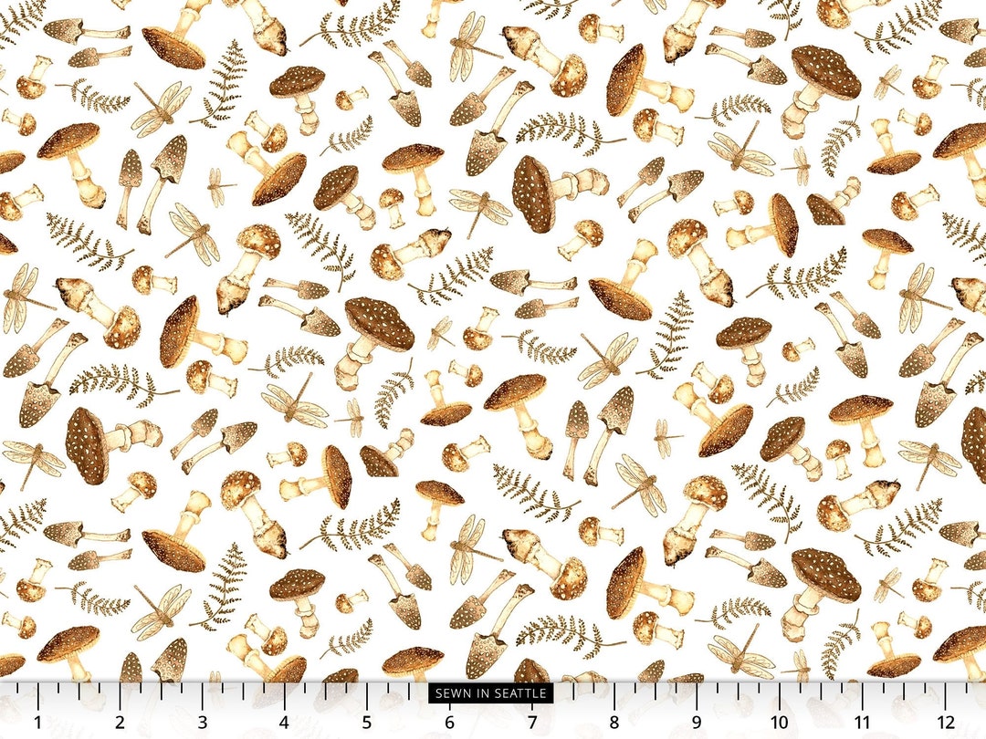 Mushroom Fabric Spotted Brown Mushrooms, Fern Fronds, and Dragonflies ...