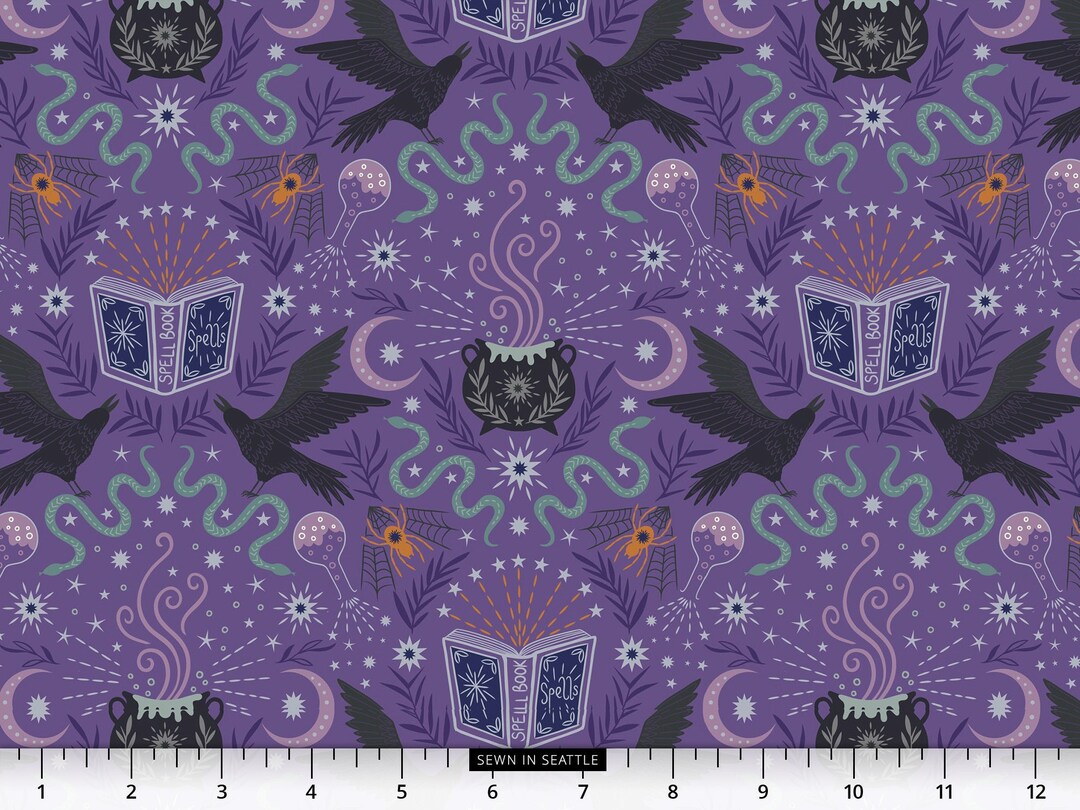 Halloween Fabric -- Witchy Pattern With Cauldrons and Spell Books on ...