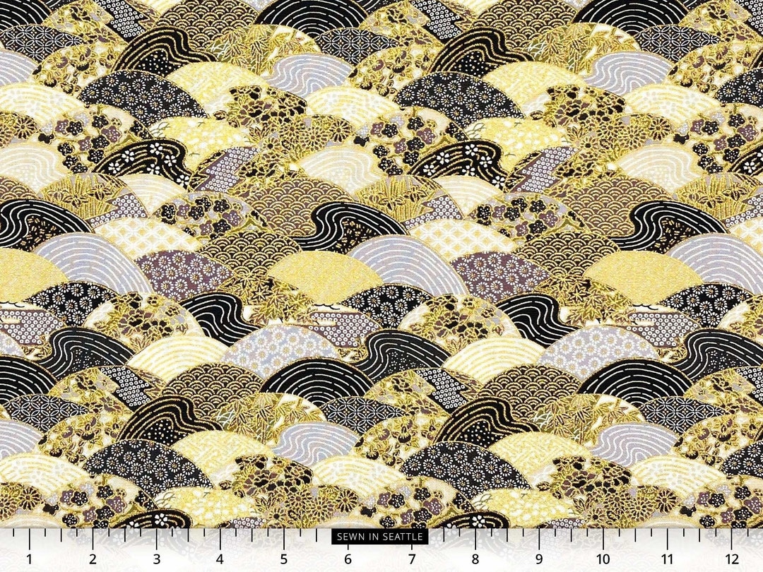Japanese Fabric -- Metallic Gold Traditional Kimono Clam Pattern in ...