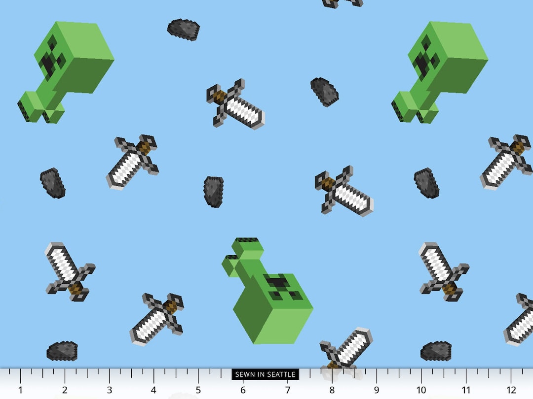 MINECRAFT Fabric -- Minecraft Creeper Mobs and Swords on Light Blue ...