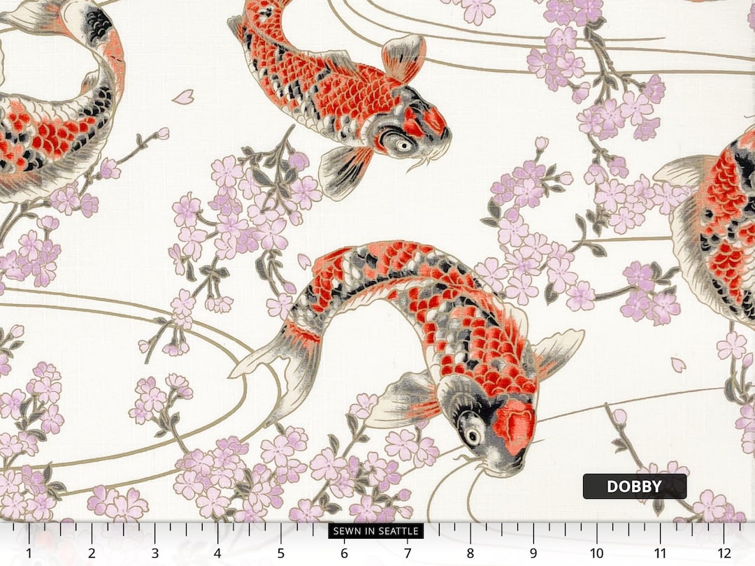 Japanese DOBBY Fabric -- Koi Fish Swimming Among Cherry Blossoms on Off ...