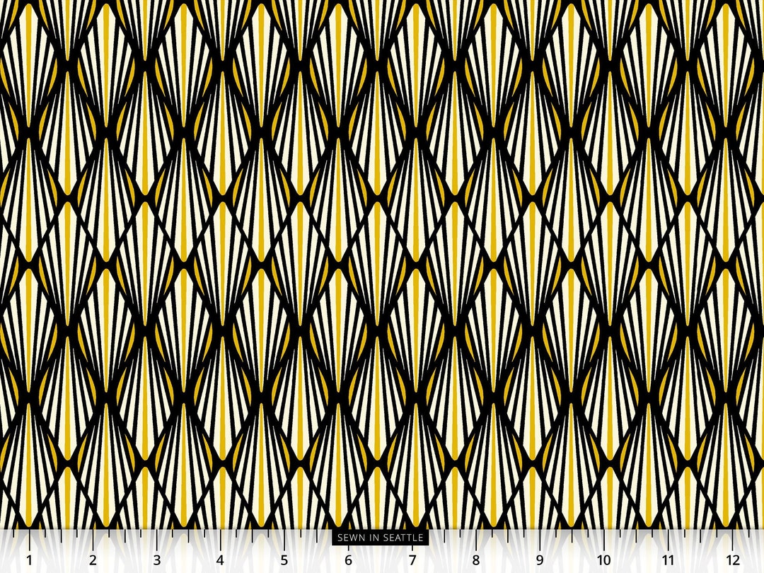 White and Metallic Gold Diamond Patterns on Black -- 100% Cotton ...