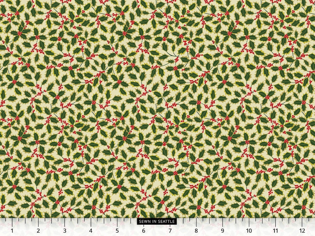 Christmas Fabric -- Small Holly Berries and Leaves on Cream -- 100% ...