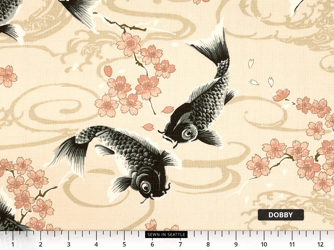 Japanese DOBBY Fabric -- Black and Gray Koi Fish With Pink Cherry ...