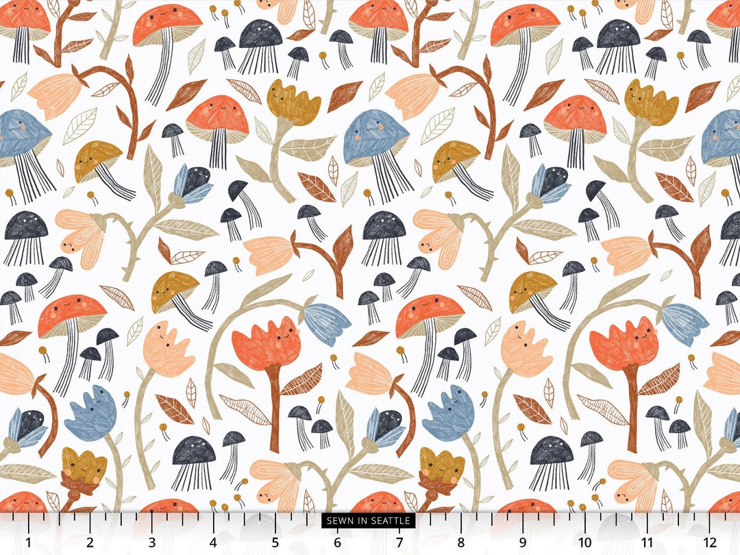 Mushroom Fabric -- Happy Mushroom and Flower Friends Repeated on White ...