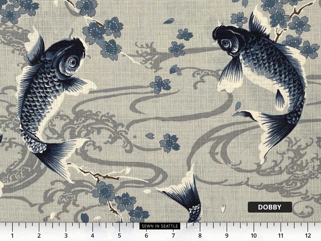 Japanese DOBBY Fabric -- Blue Koi Fish With Blue Cherry Blossoms on ...