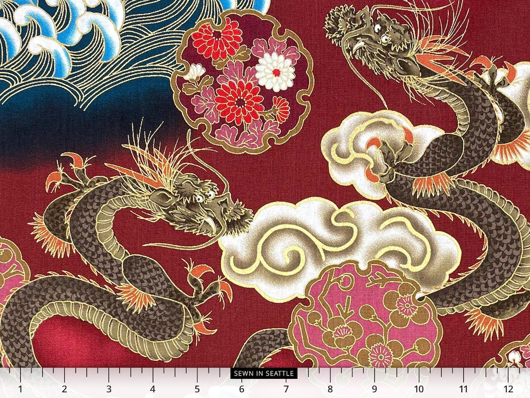 Japanese Fabric -- Large Dragons Flying Through Clouds and Wind With ...