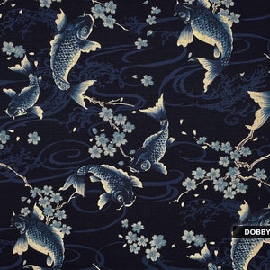 Japanese Dobby Fabric -- Blue and White Koi Fish With Blue Cherry ...