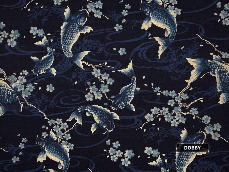Japanese Dobby Fabric -- Blue and White Koi Fish With Blue Cherry ...