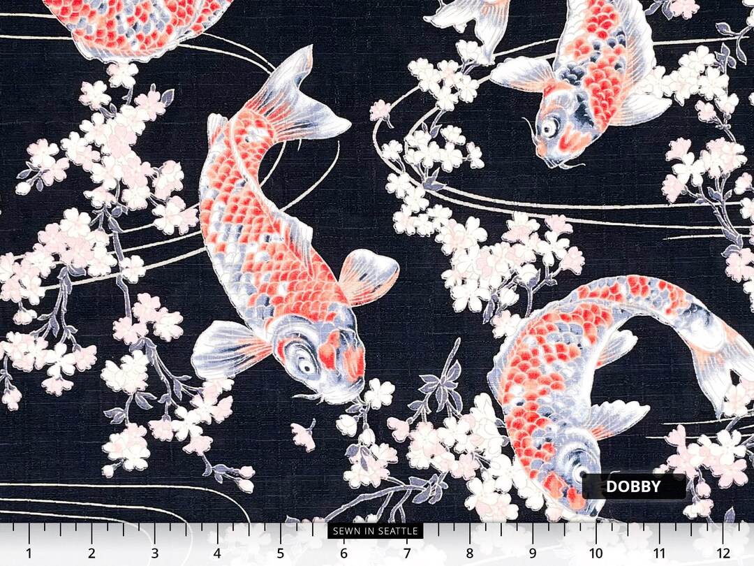 Japanese DOBBY Fabric -- Koi Fish Swimming Among Cherry Blossoms on ...