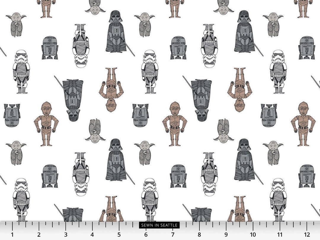 STAR WARS Fabric -- Sketched Star Wars Characters Repeated on White ...