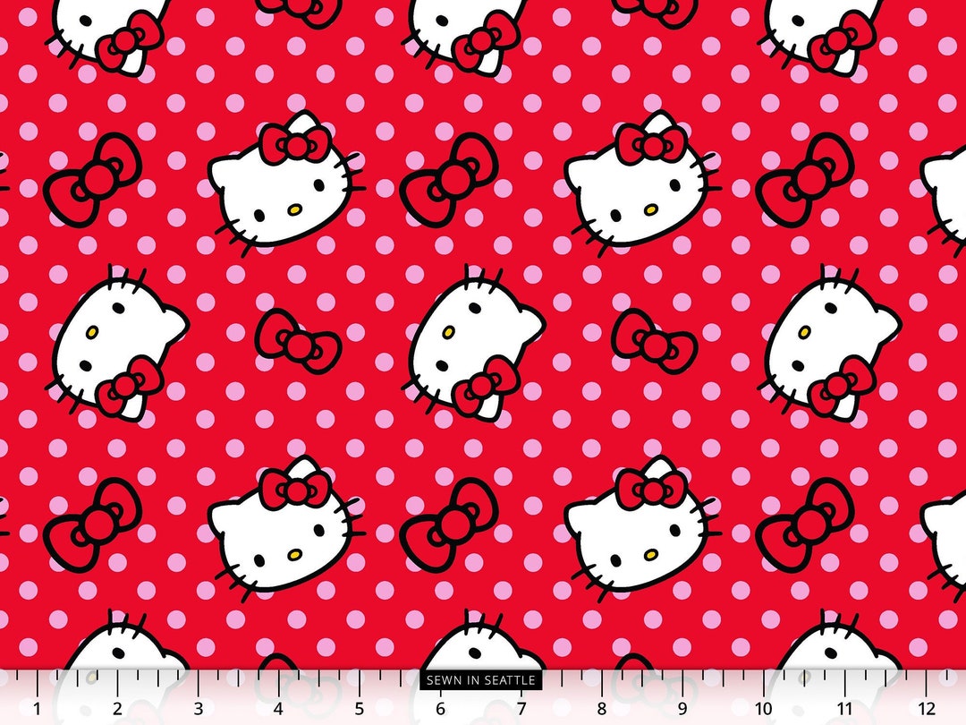 Hello Kitty Fabric Hello Kitty, Bows, and Pink Polka Dots on Red 100% ...