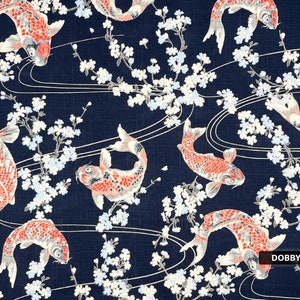 Japanese DOBBY Fabric Koi Fish Swimming Among Cherry Blossoms on Navy ...