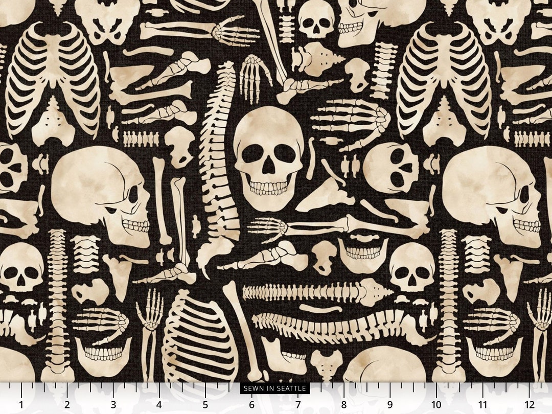 Halloween Fabric -- Skeleton Bones Packed on Black -- 100% Cotton ...