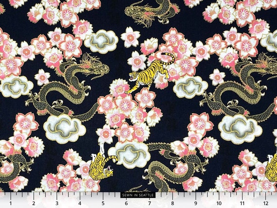 Japanese Fabric Dragons Tigers and Cherry Blossoms on - Etsy