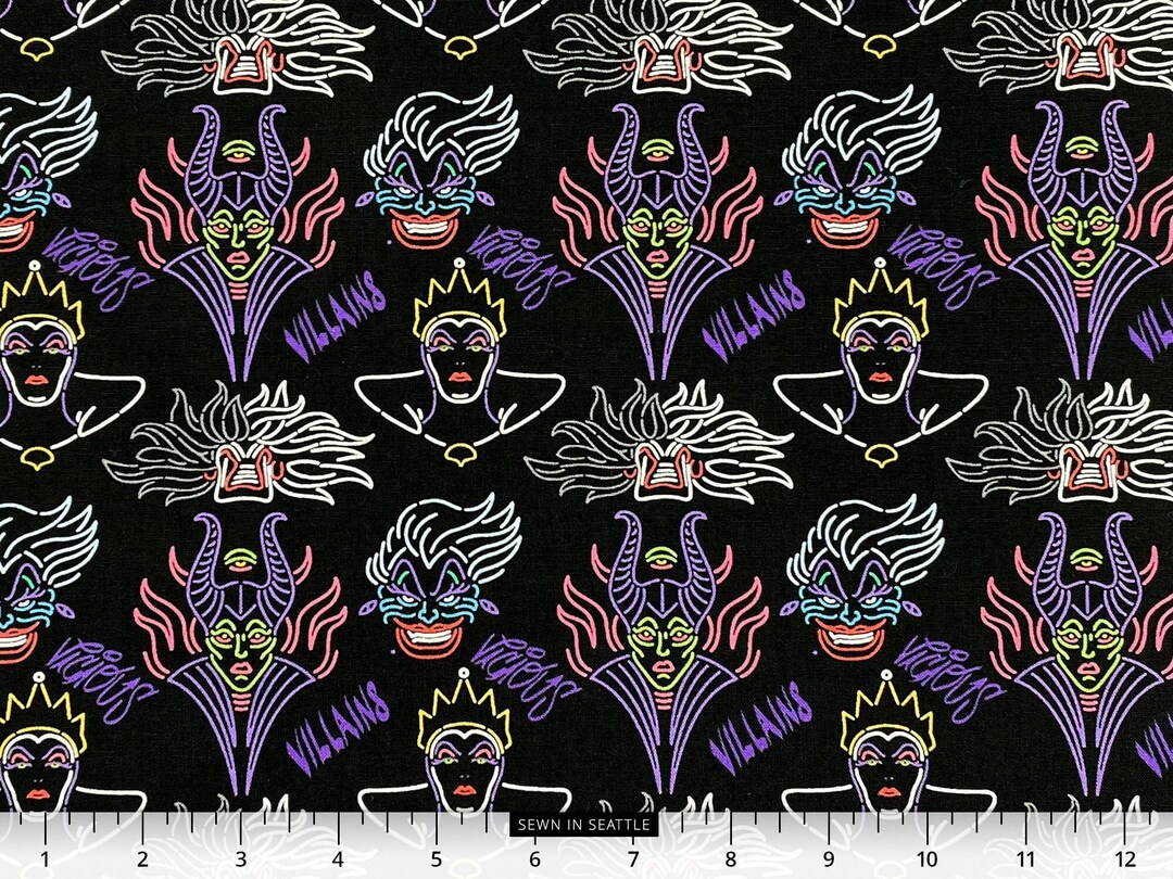 Disney Villains Fabric -- Disney Villains in Neon Sign Outline on Black ...
