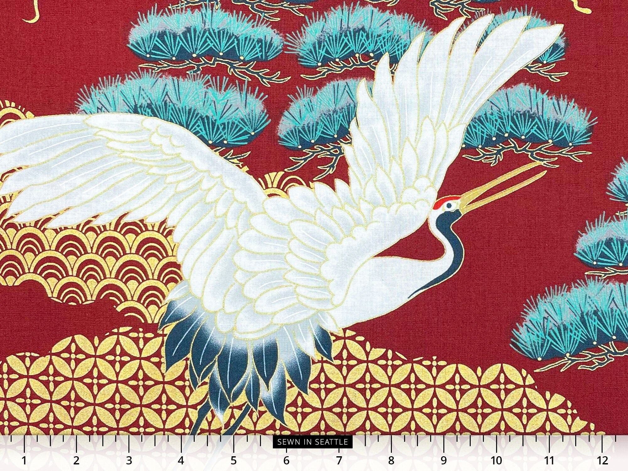 Japanese Fabric Large Crane and Dragon on Dark Red With - Etsy