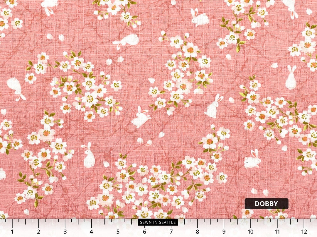 Japanese DOBBY Fabric -- Rabbits Hopping Through Cherry Blossoms on ...