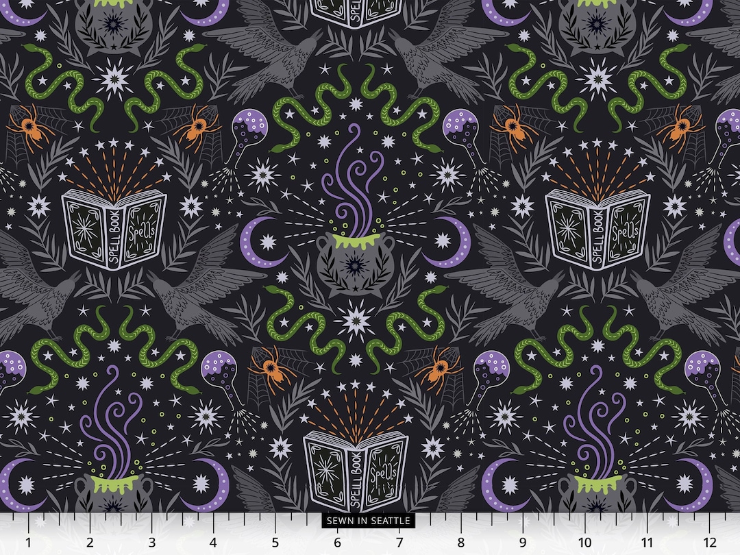 Halloween Fabric Witchy Pattern With Cauldrons and Spell Books on Black ...
