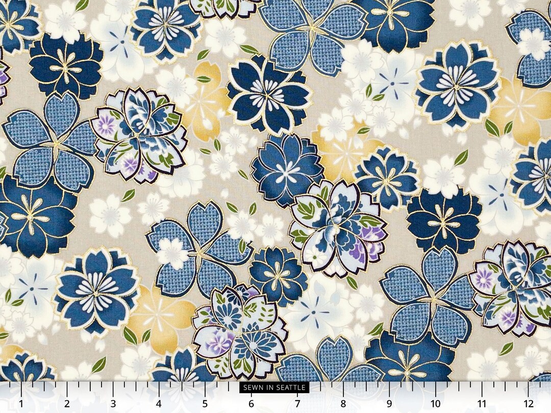 Japanese Fabric -- Blue, White, and Yellow Cherry Blossoms (sakura ...