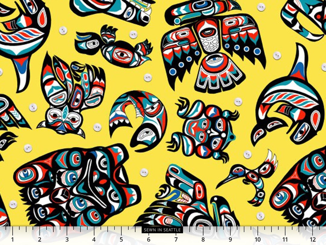 Animals in Northwest Native American Formline Art Style on Yellow ...