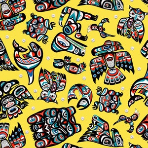 Animals in Northwest Native American Formline Art Style on Yellow ...