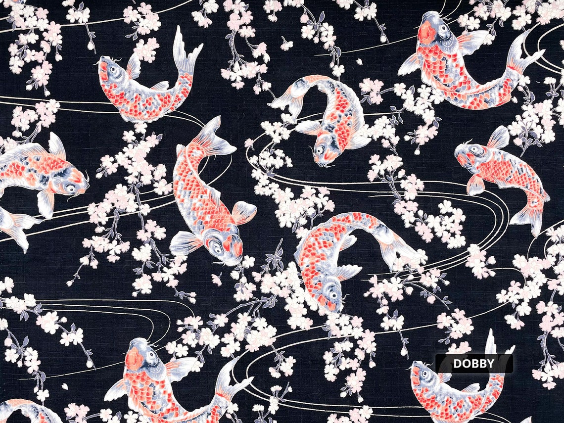 Japanese DOBBY Fabric -- Koi Fish Swimming Among Cherry Blossoms on ...