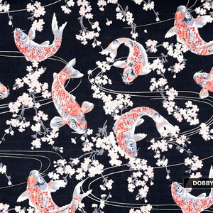 Japanese DOBBY Fabric -- Koi Fish Swimming Among Cherry Blossoms on ...