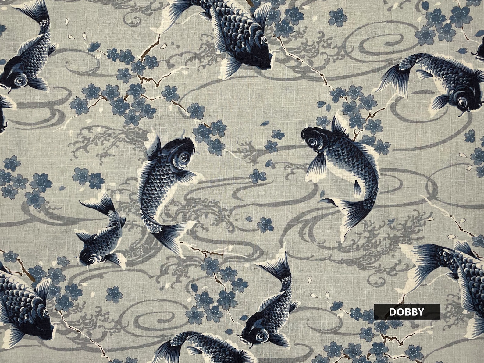 Japanese DOBBY Fabric -- Blue Koi Fish With Blue Cherry Blossoms on ...