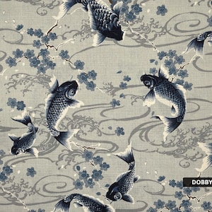 Japanese DOBBY Fabric -- Blue Koi Fish With Blue Cherry Blossoms on ...