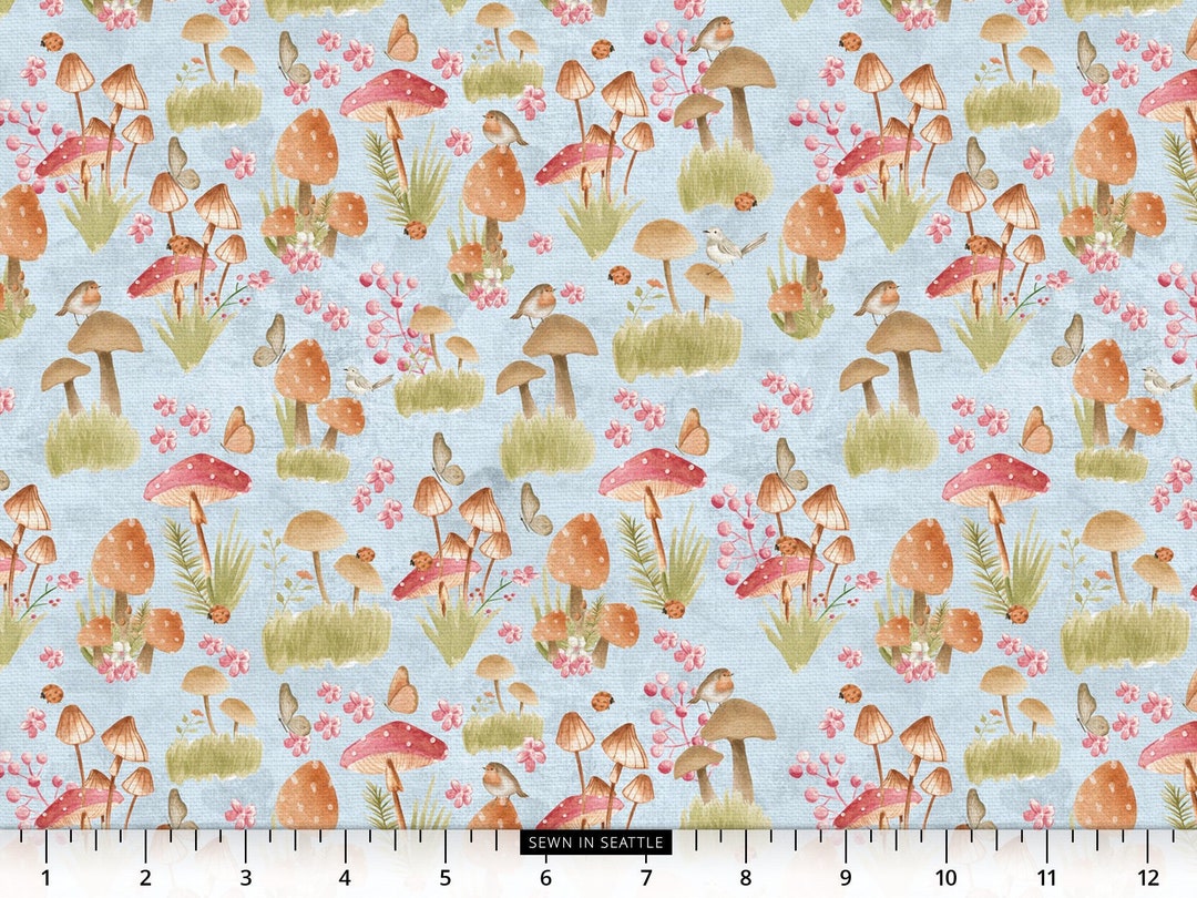 Mushroom Fabric -- Watercolor Mushrooms, Lady Bugs, Birds, and ...