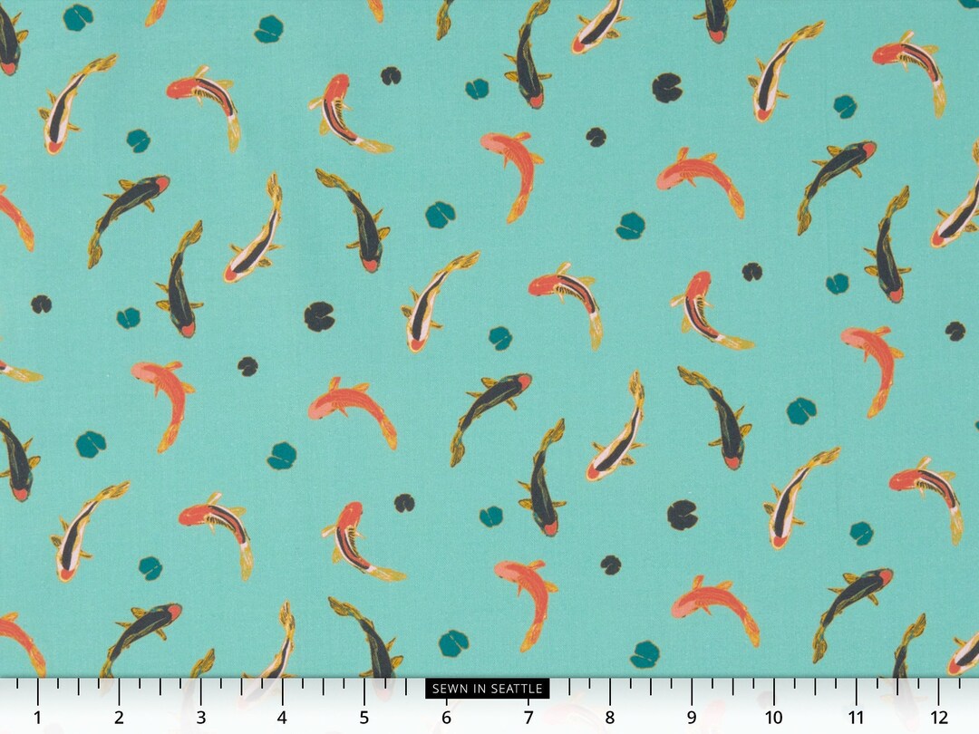 Asian-inspired Fabric -- Orange, Green, and Pink Koi Fish Swimming ...