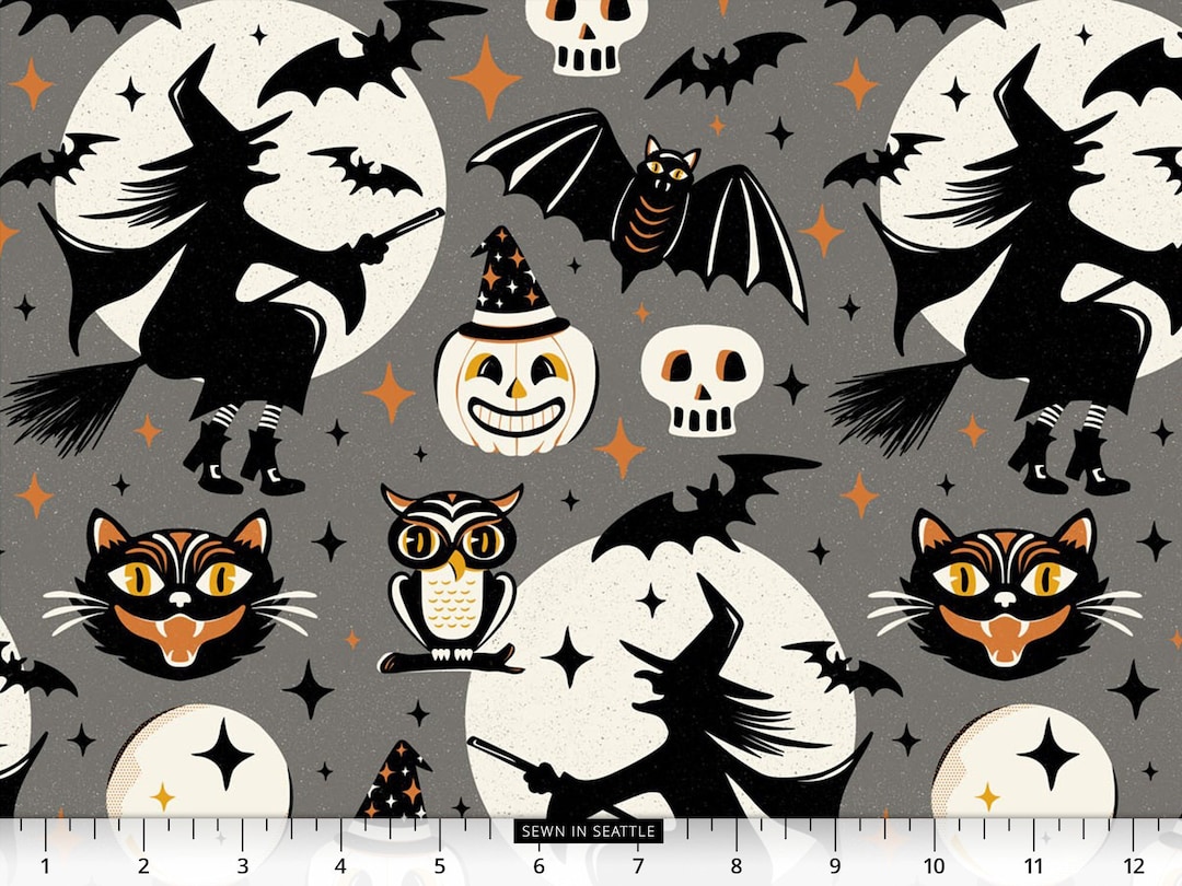 Halloween Fabric -- Retro Halloween Witches, Jack O'lanterns, Cats ...