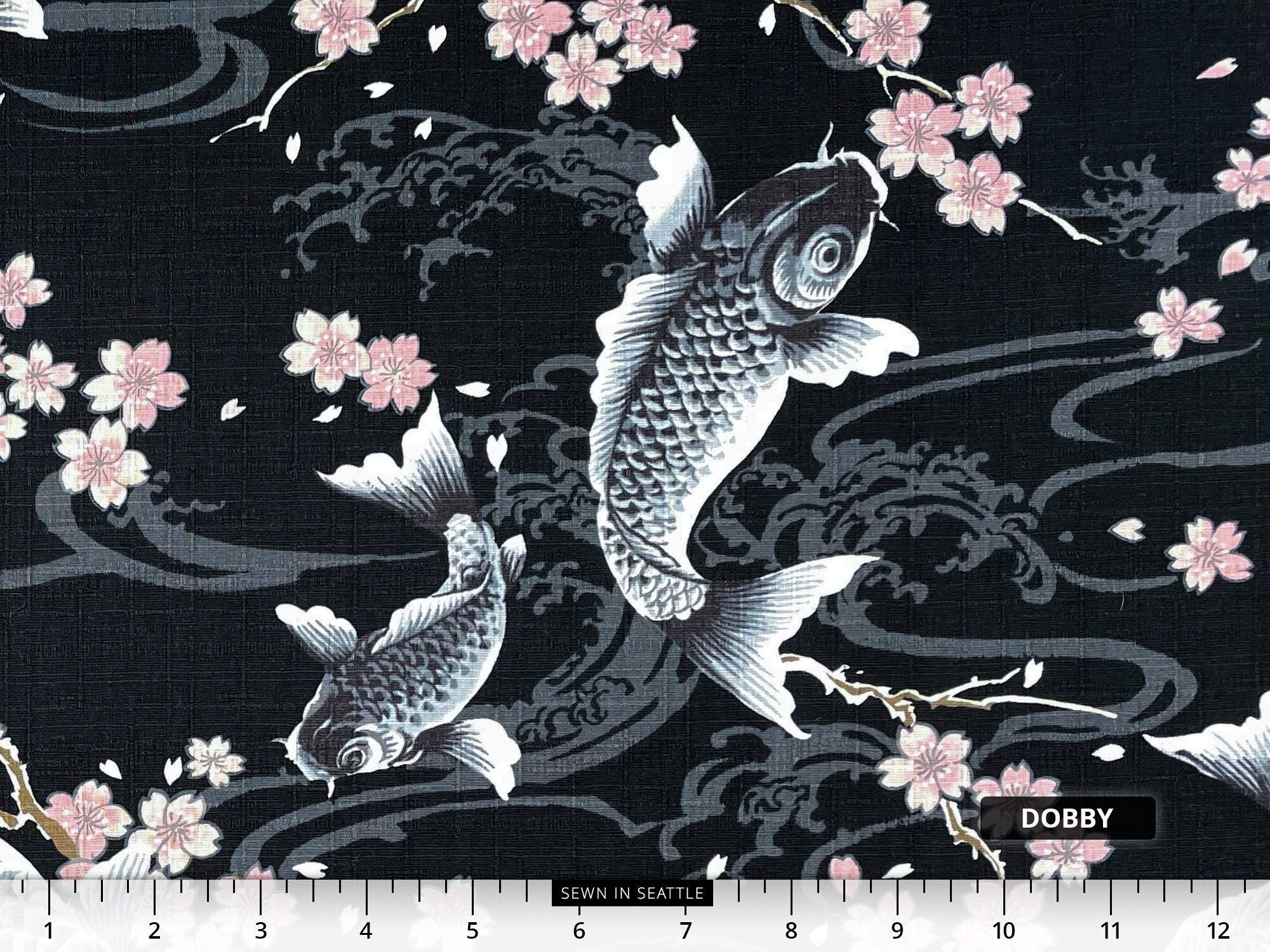 Japanese DOBBY Fabric -- Black and Blue-gray Koi Fish With Pink Cherry ...