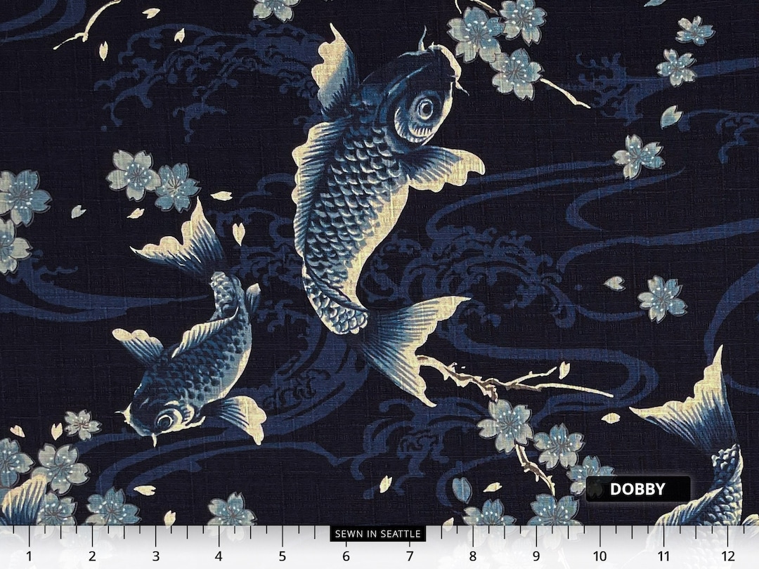 Japanese Dobby Fabric -- Blue and White Koi Fish With Blue Cherry ...