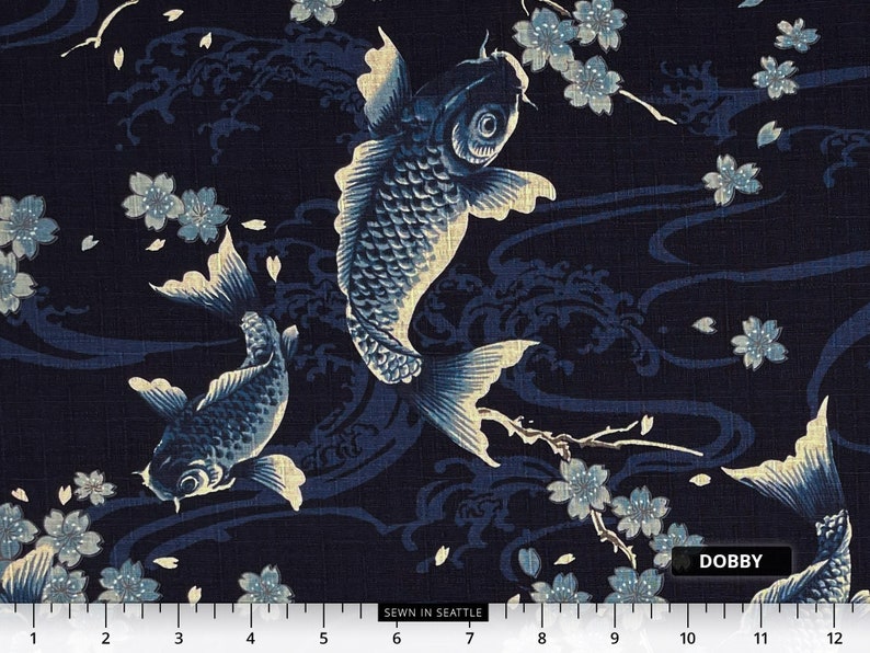 Japanese Dobby Fabric -- Blue and White Koi Fish With Blue Cherry ...