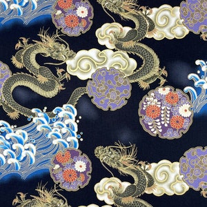 Japanese Fabric -- Large Dragons Flying Through Clouds and Wind With ...